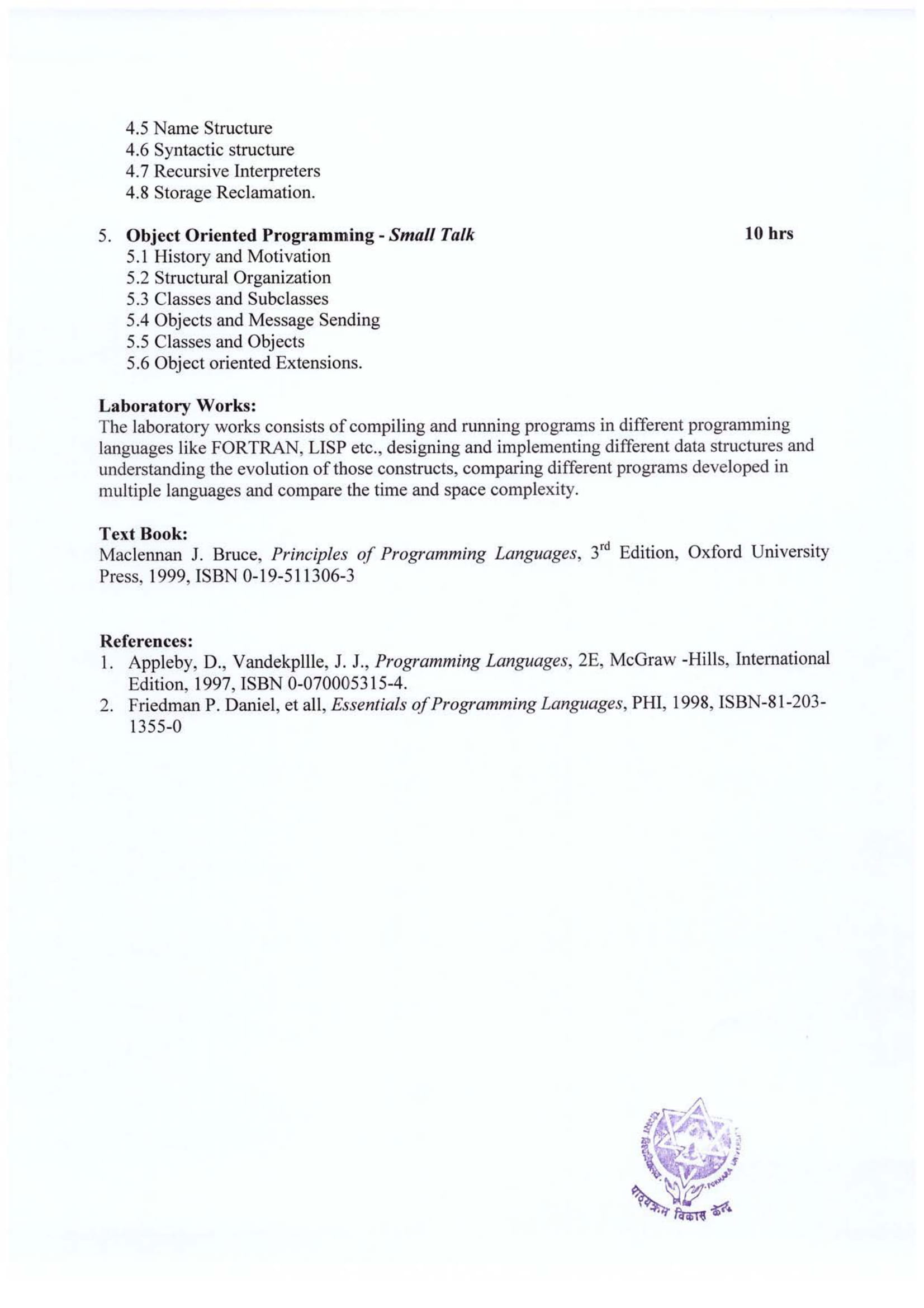 Syllabus of Principles of Programming Languages subject from PU - padxu.com